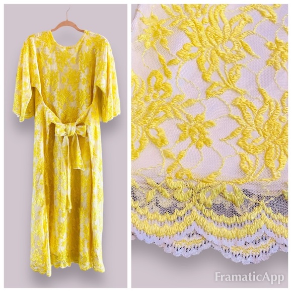 Dresses | Vintage Lace Mesh Yellow Floral Tea Length Dress Wtie Waist ...